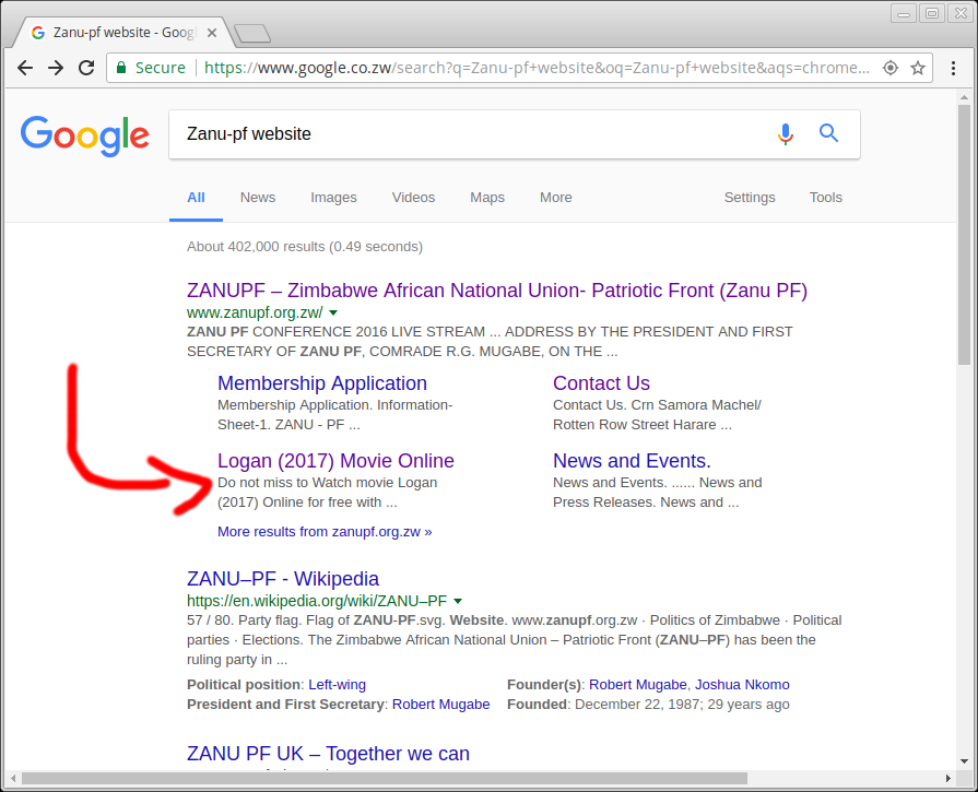Zanu-PF website hacked. Showing pirate movies and porn pictures (update ...