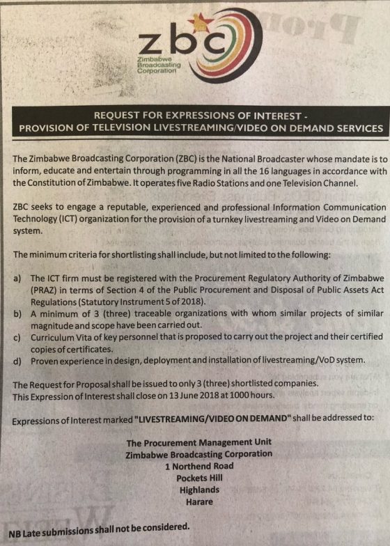 ZBC Looks For An ICT Company To Run Its Livestreaming And Video-On ...