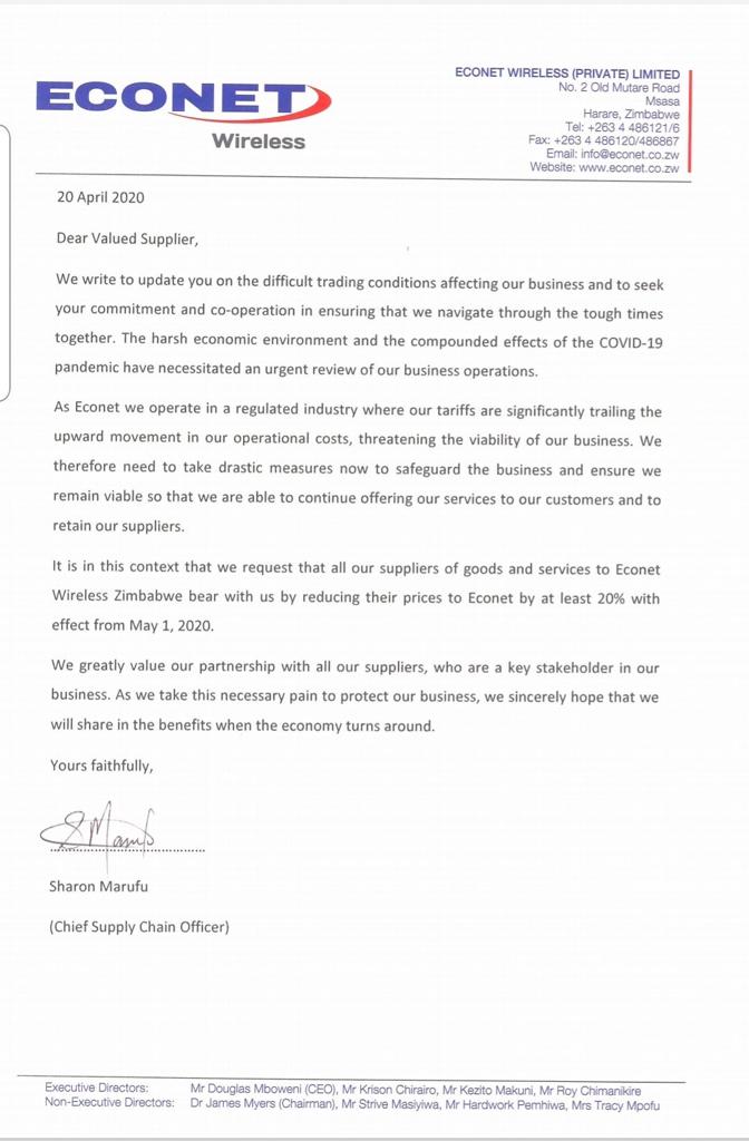 Econet Asks Its Suppliers To Cut Prices By 20% Starting 'Today' - Techzim