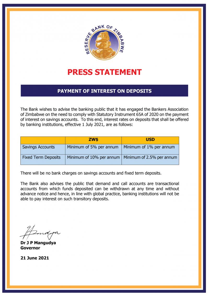 The RBZ announces interest rates for deposits, it's too little too late ...