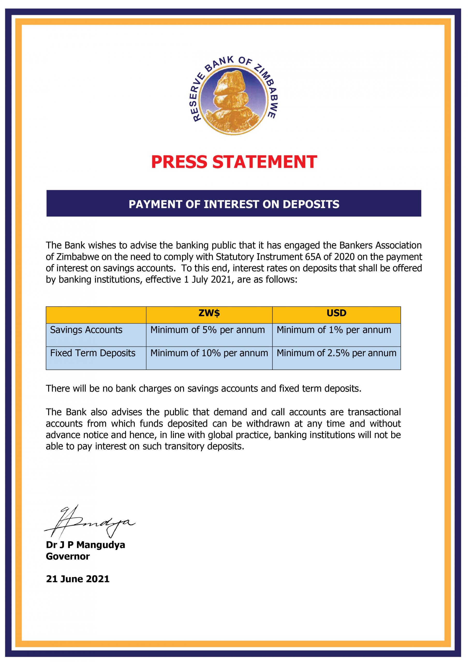 The RBZ announces interest rates for deposits, it's too little too late ...